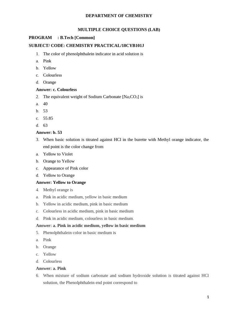 Lab MCQS Chem | PDF | Hydroxide | Carbonate