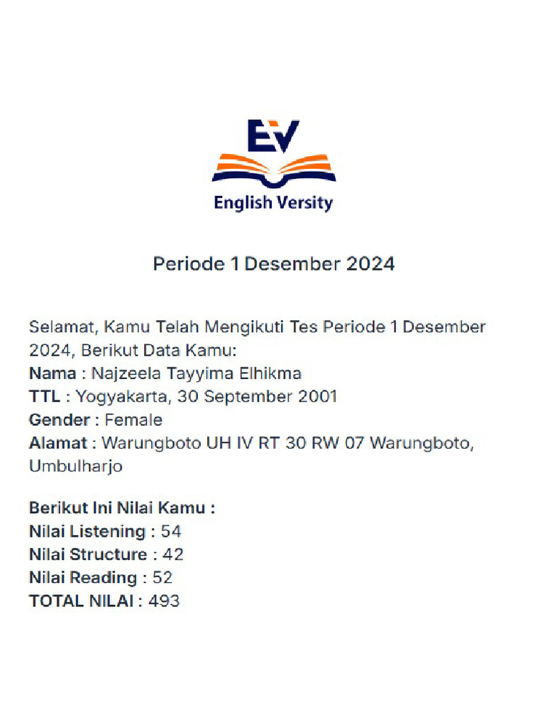 Sertifikat Sementara TOEFL EPT | PDF