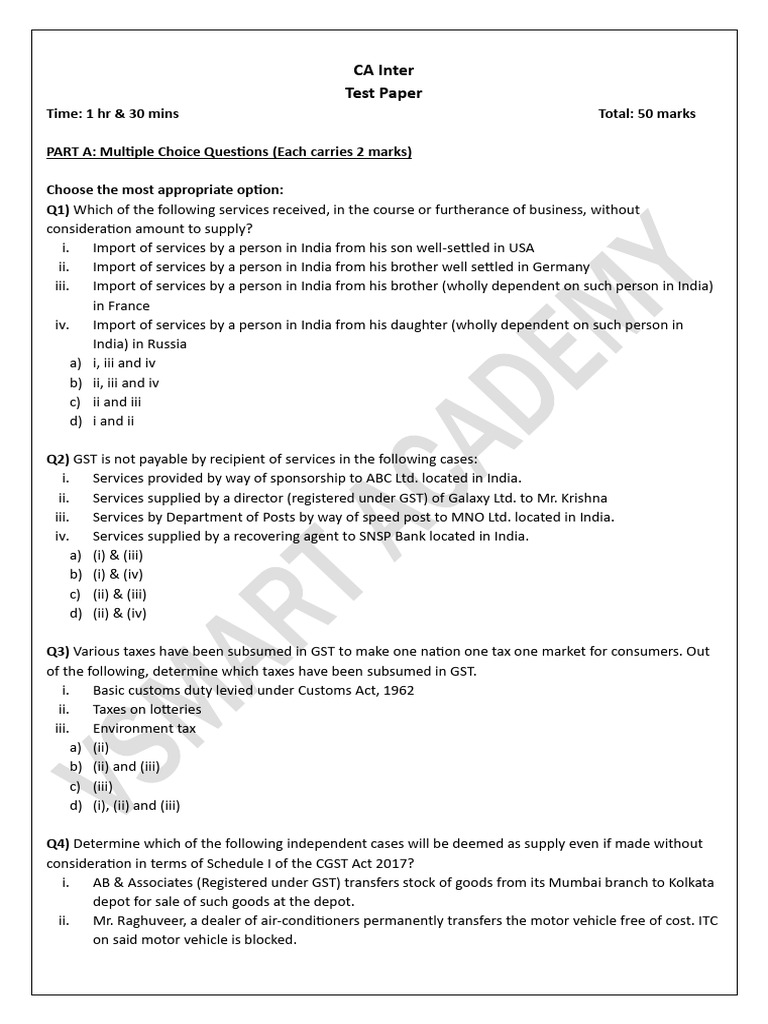 CA Inter GST Test Paper with MCQs | PDF | Value Added Tax | Taxes