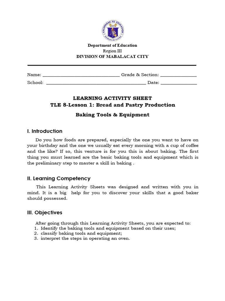 TLE8 Bread Pastry Q2 Wk1 Baking-Tools-And-Equipment Evaluated | PDF | Baking | Cakes