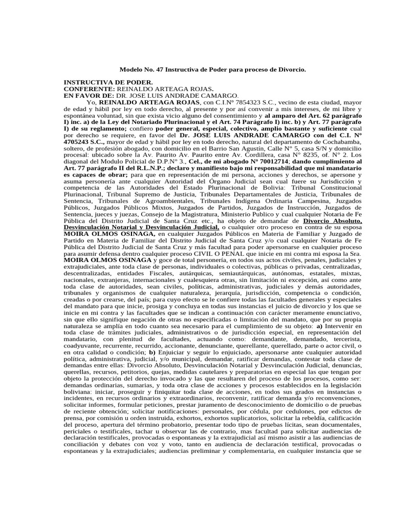 Modelo No. 47 Instructiva de Poder para Proceso de Divorcio. | PDF | Judicaturas | Sentencia (ley)