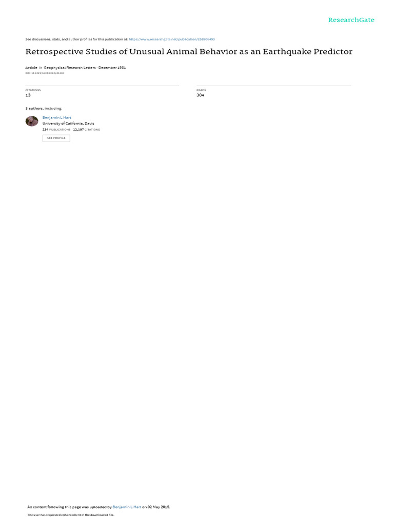 Retrospective Studies of Unusual Animal Behavior As An Earthquake ...