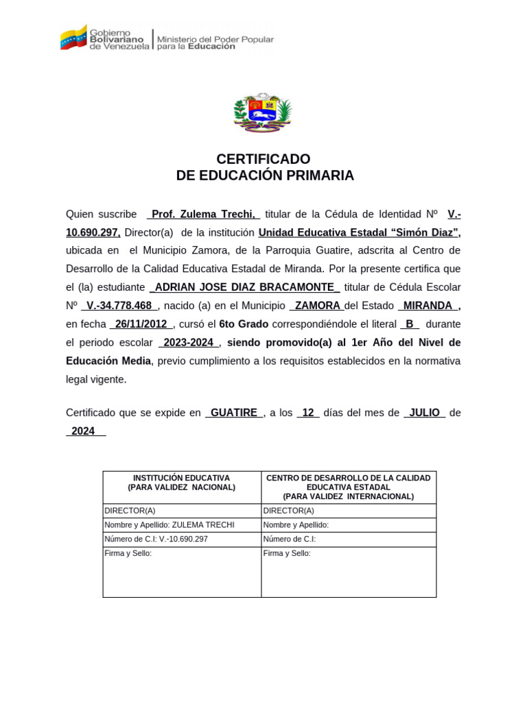 Certificado de Educación Primaria 23-24 6TO GRADO | PDF | Documento de ...
