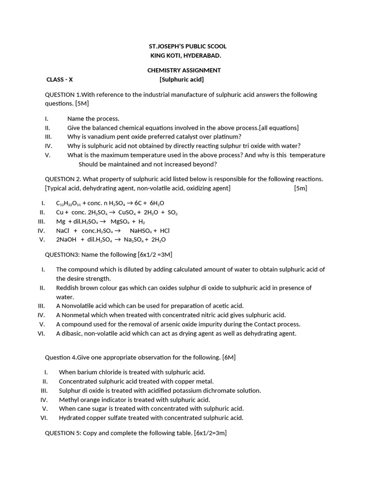 Sulphuric Acid Assignment | PDF | Sulfuric Acid | Acid