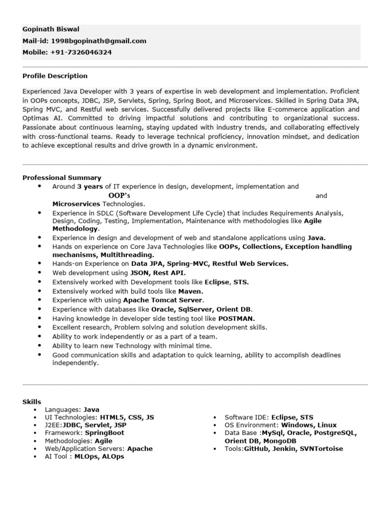 Gopi Java 3 Yrs Exp (1) | PDF | Java (Programming Language) | Eclipse (Software)