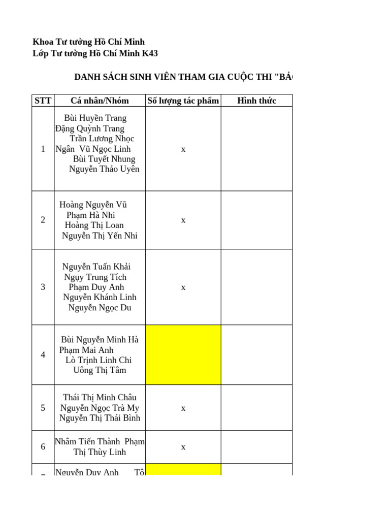 Danh Sách Cuộc Thi Bảo Vệ Nền Tảng Tư Tưởng (Lớp Tthcm - k43) | PDF