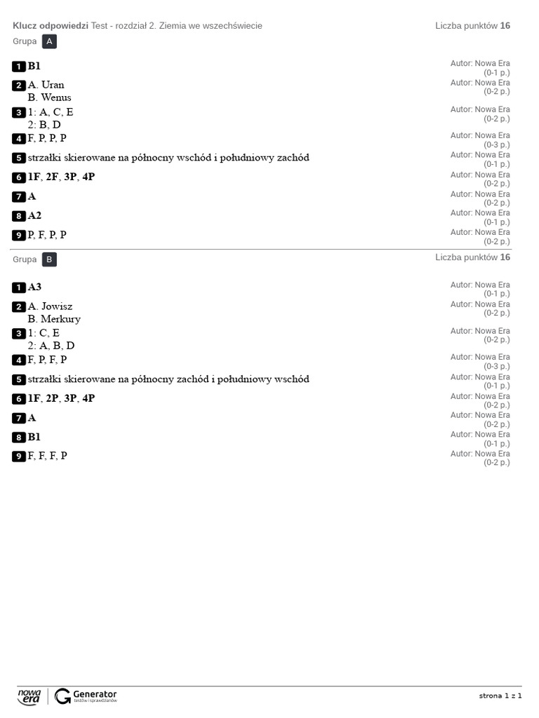 Test - rozdzia 2. Ziemia we wszechswiecie Klucz odpowiedzi | PDF
