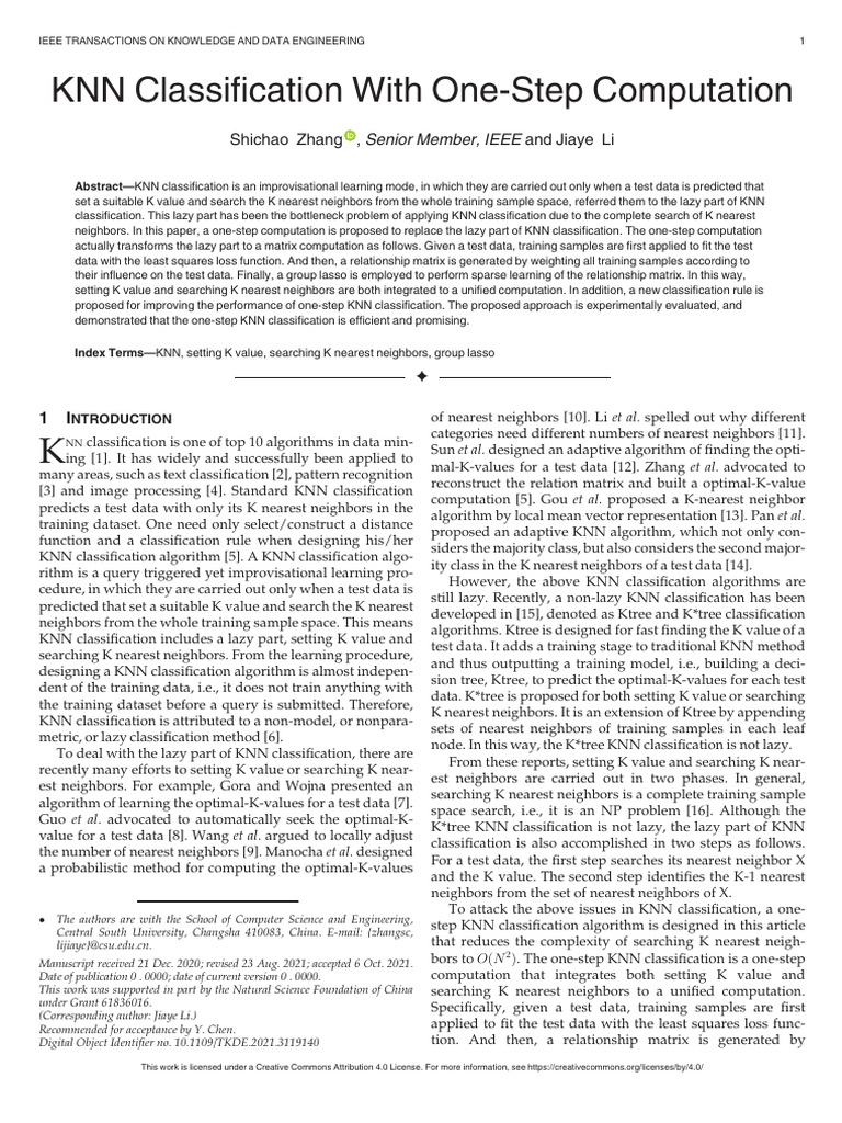 33. KNN Classification With One-Step Computation Author Shichao Zhang and Jiaye Li (1) | PDF ...