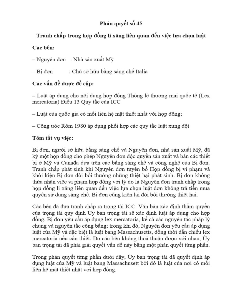Phan Quyet So 45 Về Tranh Chấp Trong Hợp Đồng Xi Lăng Liên Quan Đến Việc Lựa Chọn Pháp Luật | PDF