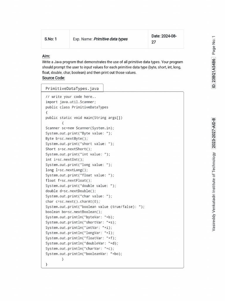 23BQ1A54B6 Object Oriented Lab Record 2024-12-03 | PDF