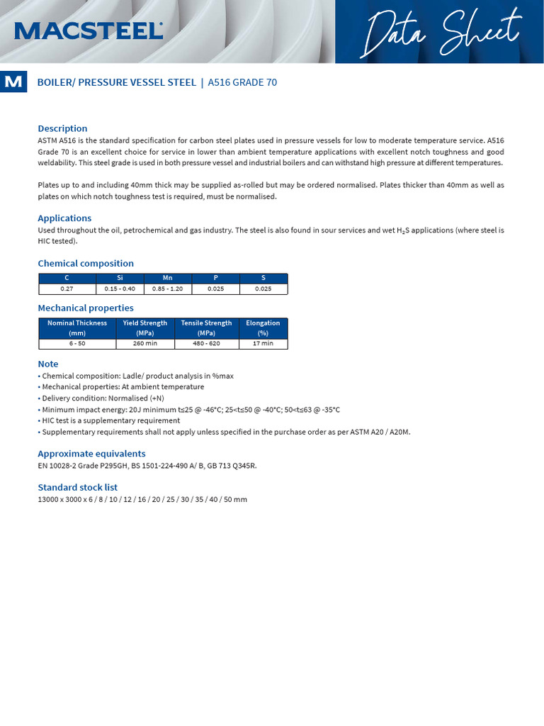 ASTM A516 Grade 70 Data Sheet | PDF