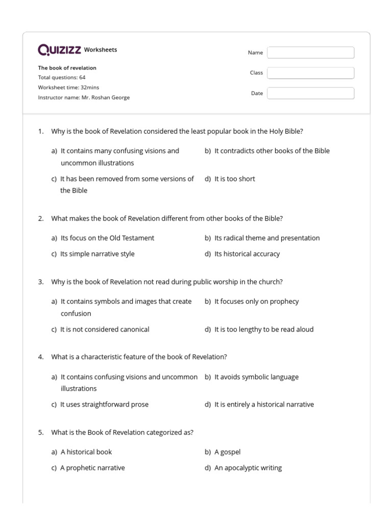 Book of Revelation Worksheet Quiz | PDF | Book Of Revelation | John The ...