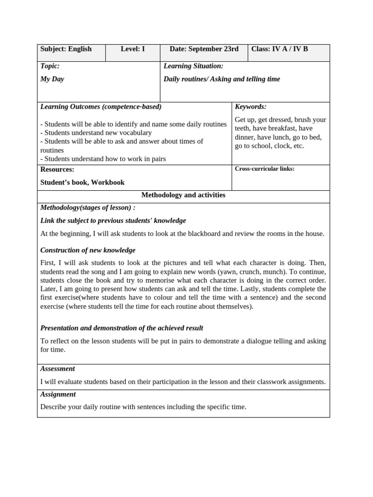 Lesson Plan 23 Shtator Klasa 4 | PDF