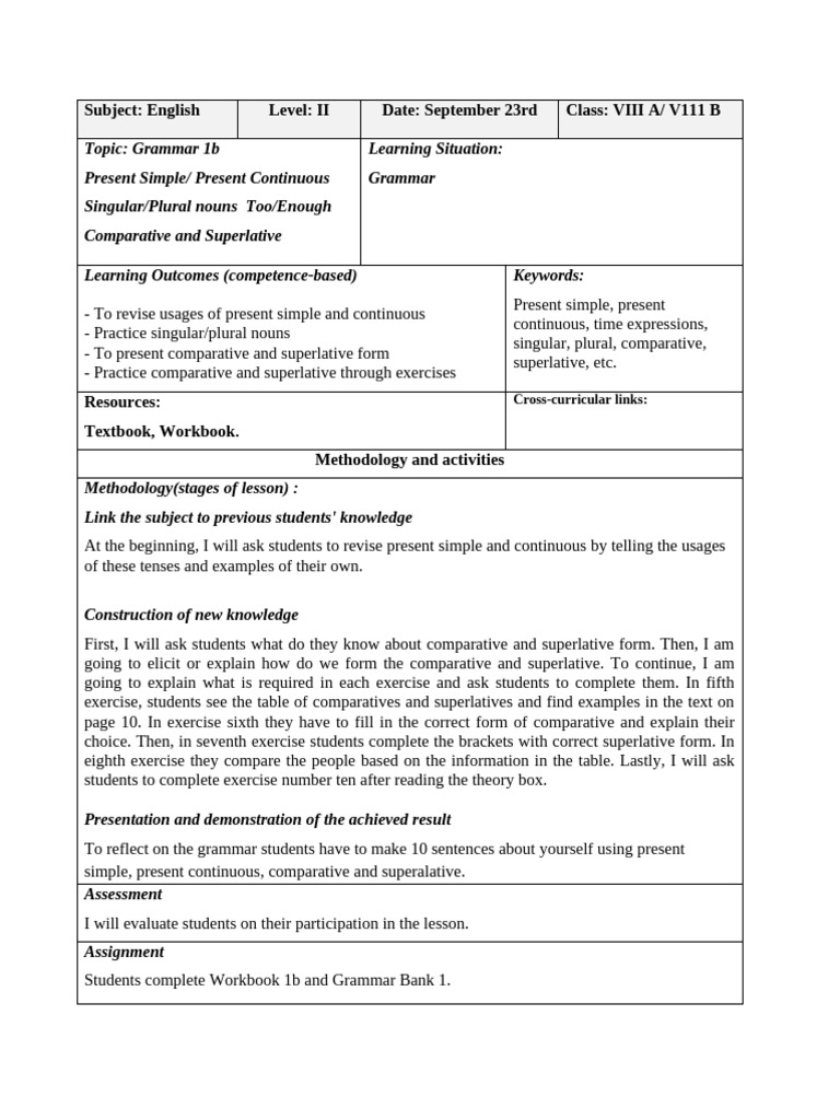 Lesson Plan 23 Shtator Klasa 8 | PDF