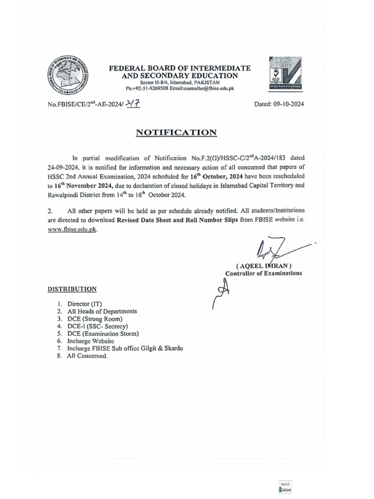 Notification Revised Datesheet | PDF