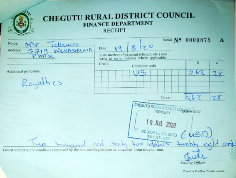 Chegutu RDC Finance Receipt | PDF