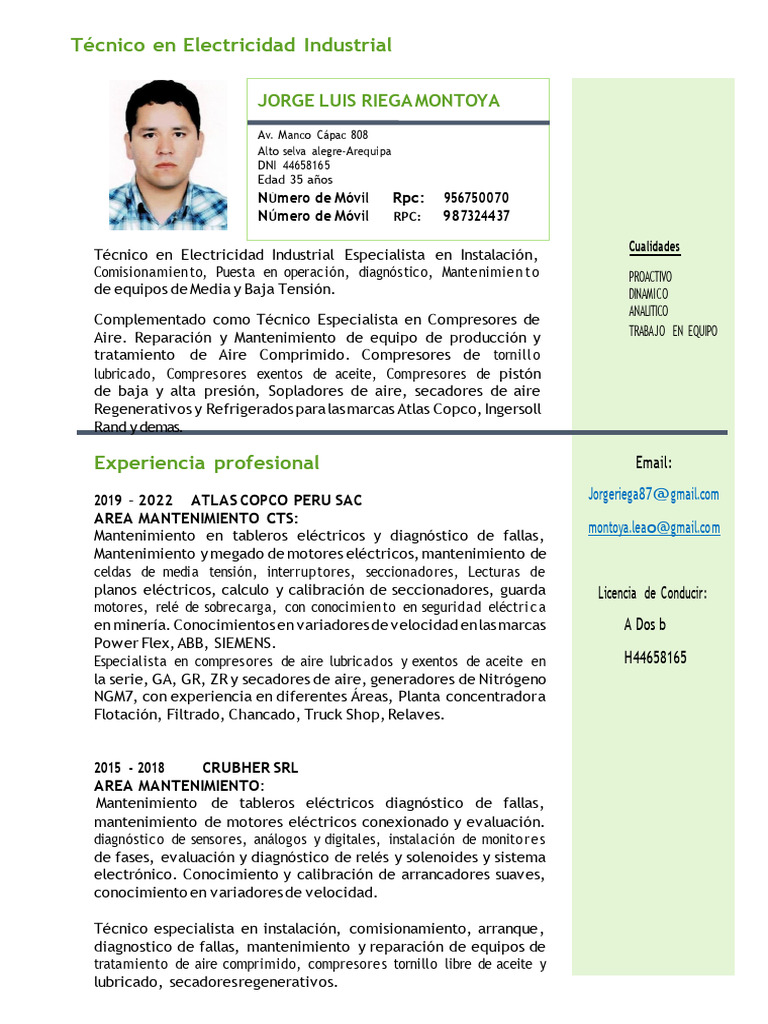 CV Técnico en Electricidad Industrial | PDF | Electricidad | Bienes ...