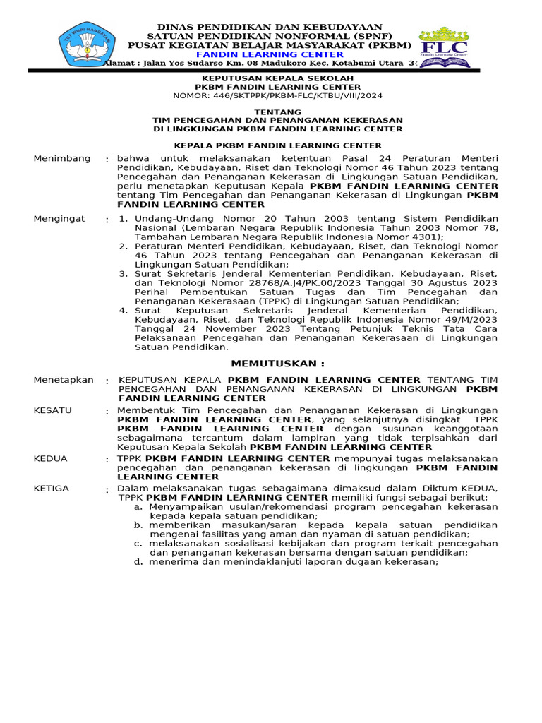 Contoh SK Pembentukan TIM TPPK | PDF