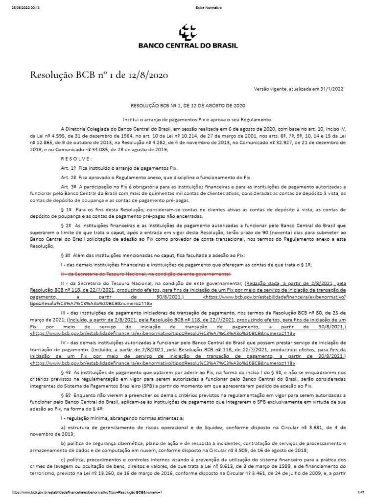 Resolução BCB n° 1: Regulamento do Pix | PDF