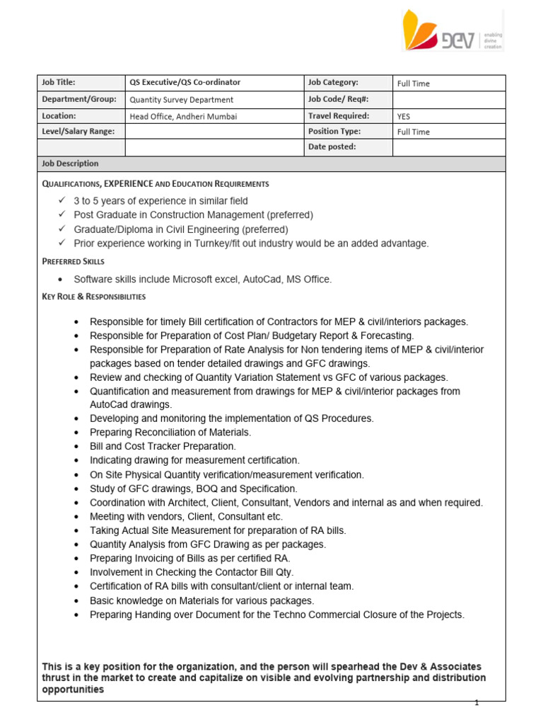 JD - QS Executive | PDF | Specification (Technical Standard) | Business