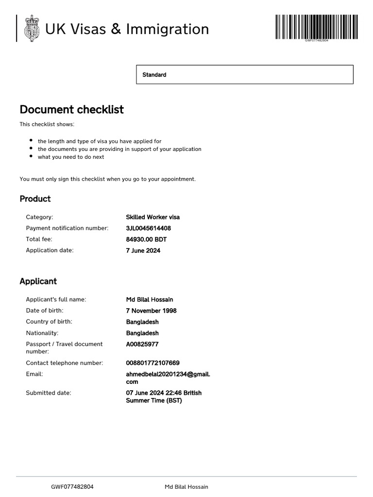 Hossain MD Bilal 2024-06!07!21-46 Checklist | PDF | Travel Visa | Passport