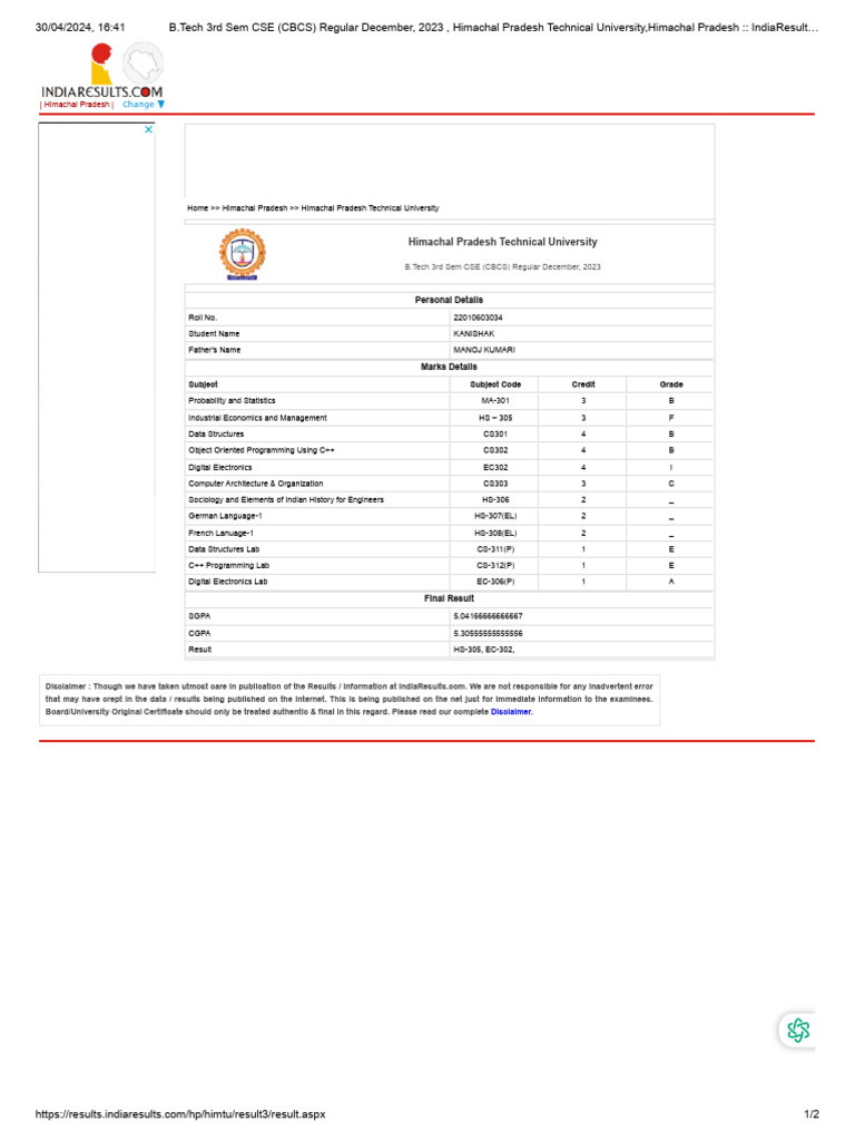 B.Tech 3rd Sem Results - HPTU | PDF | Computing | Science