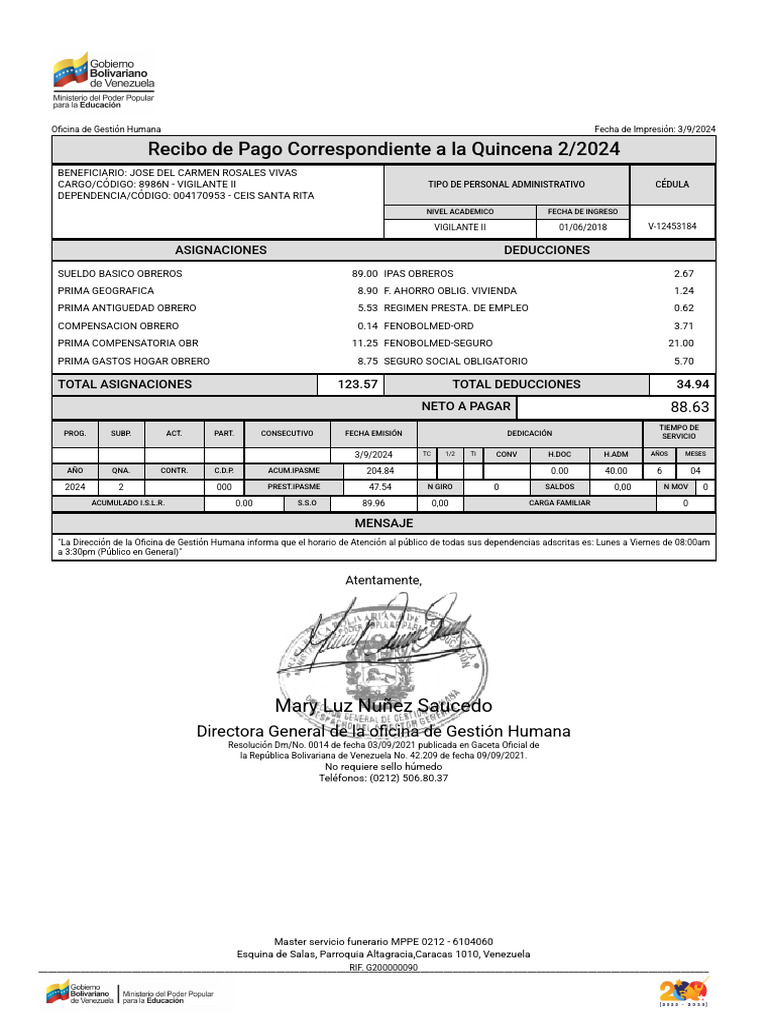 Recibo de Pago Correspondiente A La Quincena 2/2024: Mary Luz Nuñez ...