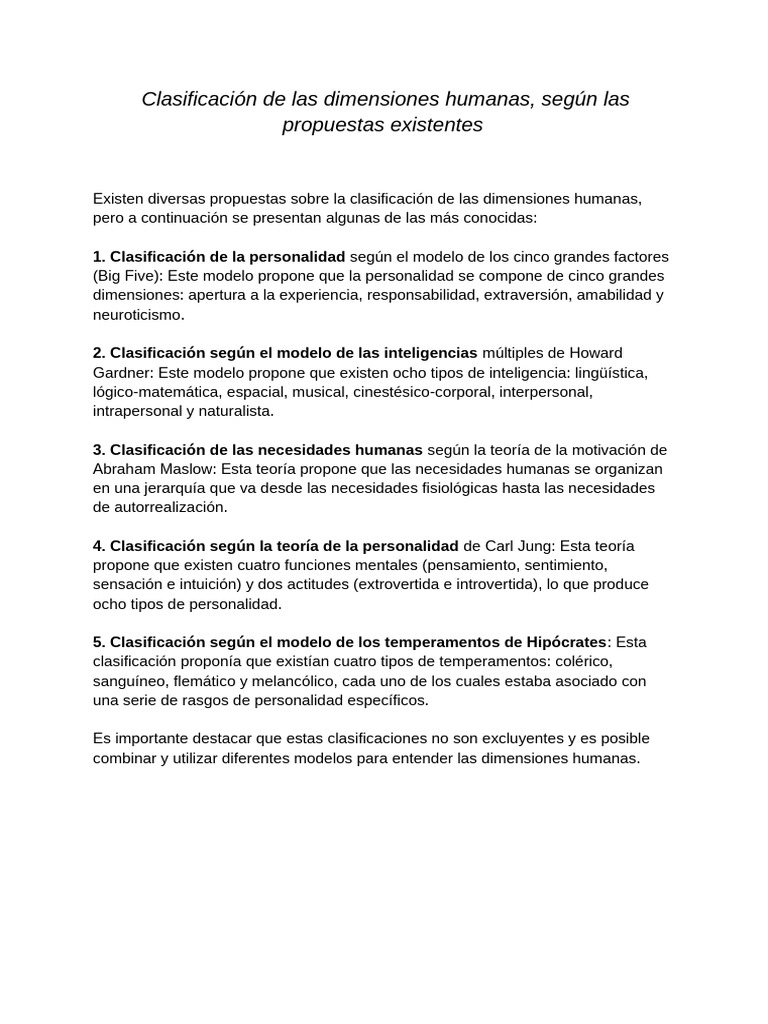 Clasificación de Las Dimensiones Humanas, Según Las Propuestas ...