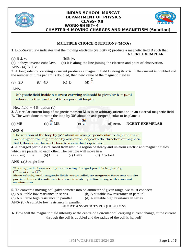 Key Xii-Ws - CH 4 - Moving Charges - One Hour - Ism Worksheet 2024-25 ...