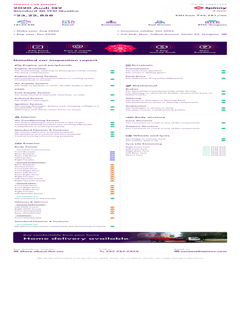 Spinny 2020 Audi Q2 Inspection Report | PDF | Leak | Door