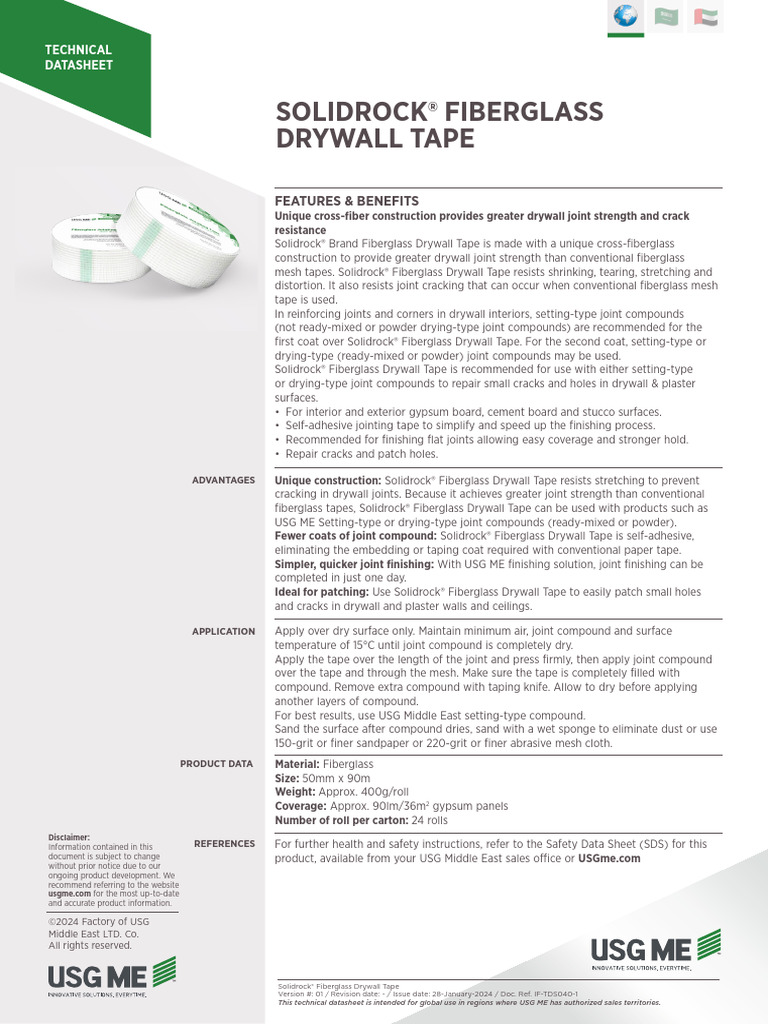 Usg Me Solidrock Fiberglass Drywall Tape Technical Datasheet | PDF | Drywall | Building Materials
