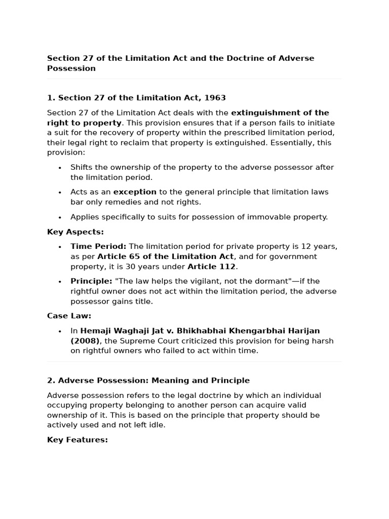 Section 27 of The Limitation Act and The Doctrine of Adverse Possession ...