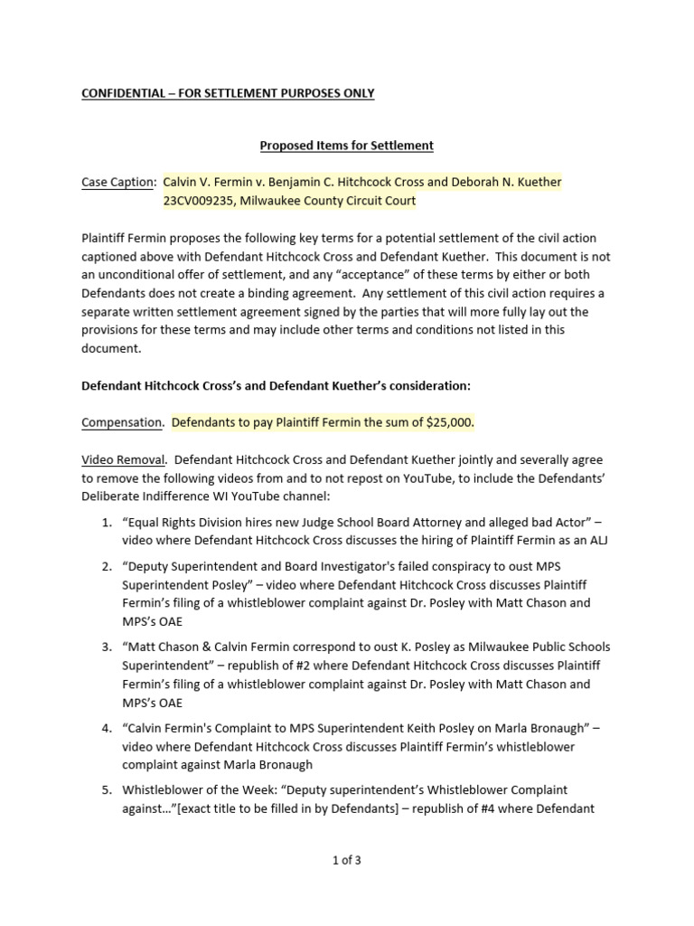 WI ALJ Calvin Fermin Settlement Proposals: Fermin v. Benjamin C ...