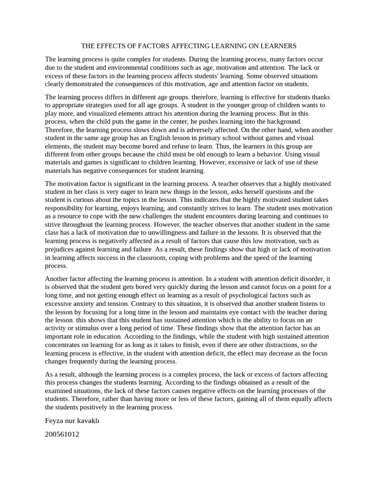THE EFFECTS OF FACTORS AFFECTING LEARNING ON LEARNERS | PDF | Learning ...