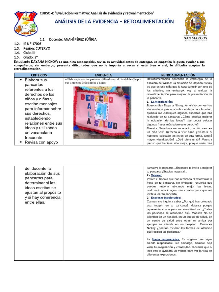 Retroalimentación Evidencia 2° Grado - Nickoy-Docente Anahí | PDF