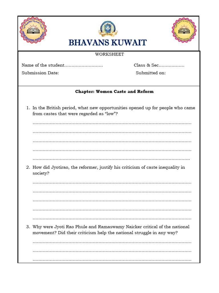 Women, Caste, and Reform Worksheet | PDF
