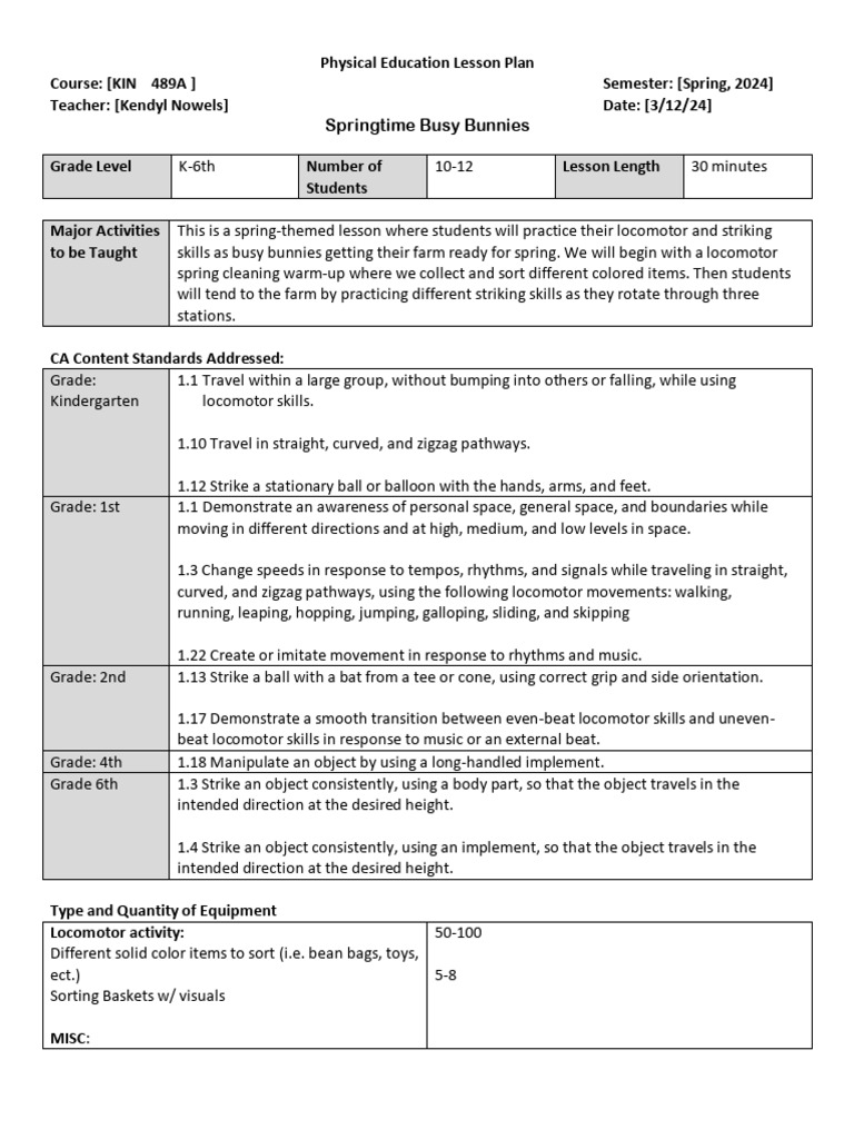 KIN 489A Locomotor and Striking Lesson Plan | PDF | Animal Locomotion ...