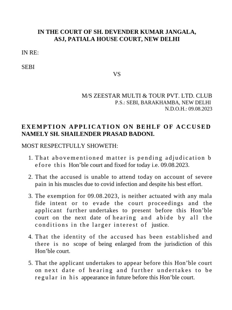 Exemption Application for Accused in SEBI Case | PDF