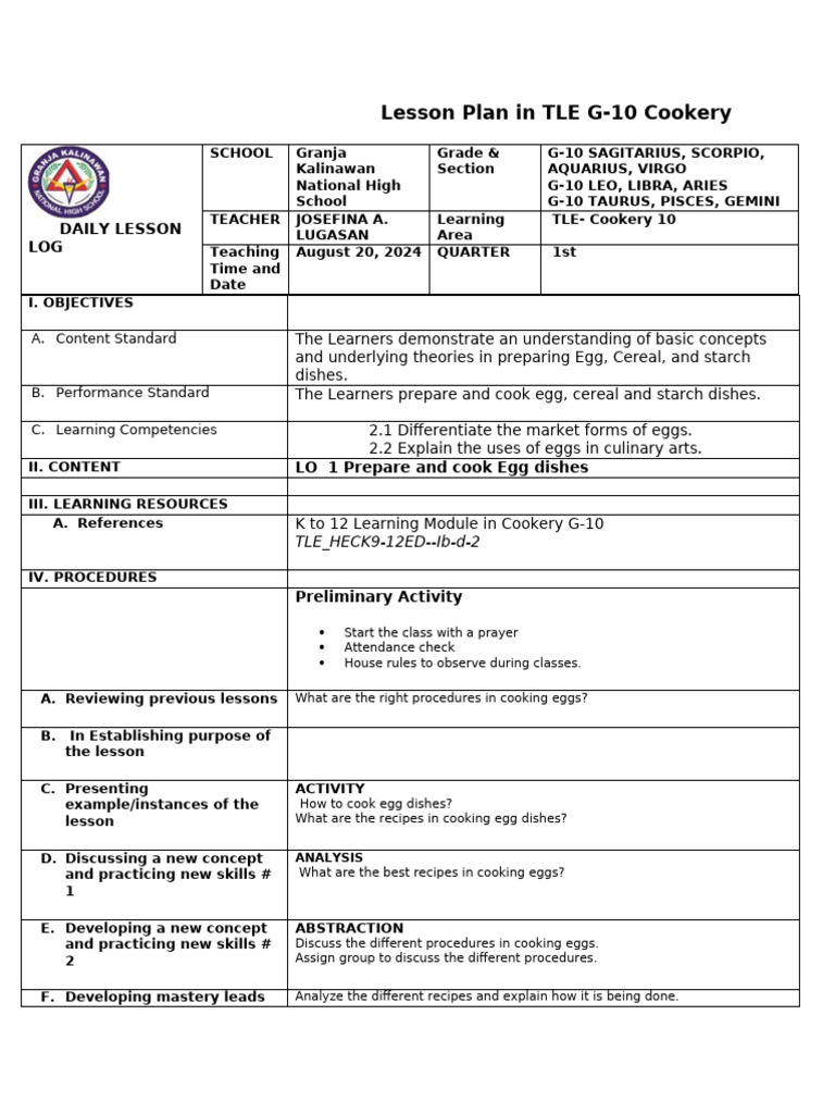 Lesson Plan in TLE G 08-20-2024 | PDF | Cooking | Lesson Plan