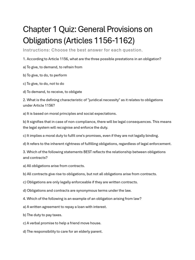 Chapter 1 Quiz General Provisions On Obligations (Articles 1156-1162) | PDF | Legal Liability ...