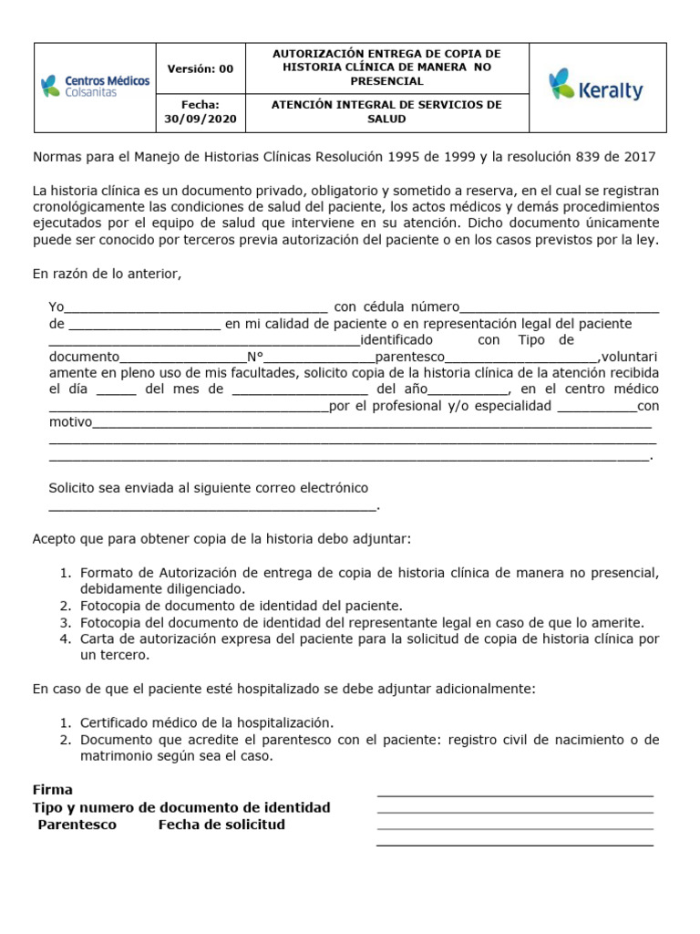 FORM AUT SOLIC COPIA HC MEDIO ELECTRNICO v0 | PDF | Historial médico ...
