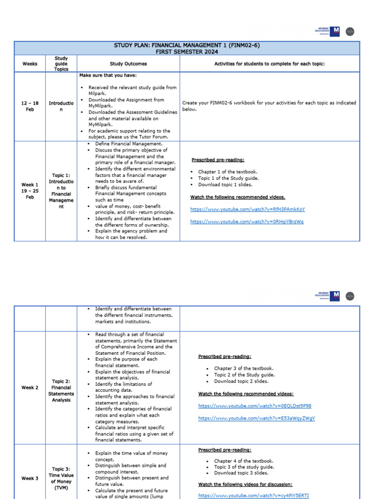 Financial Management Study Plan 2024 | PDF | Capital Budgeting ...