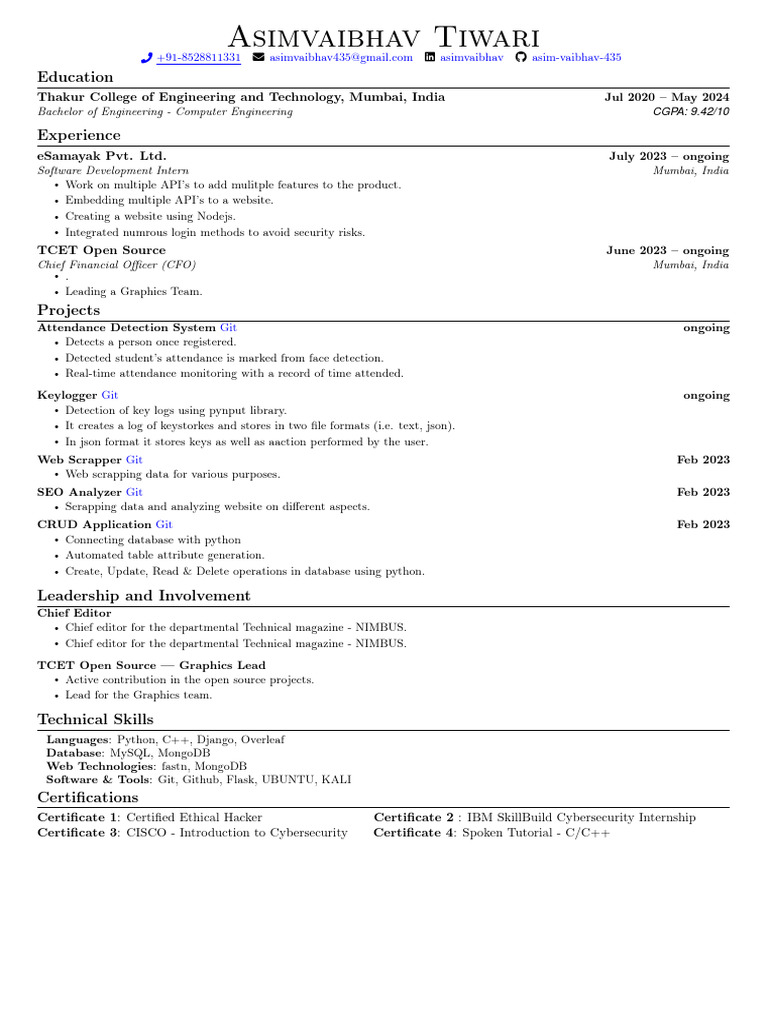 20 COMPC42 24 Asimvaibhav Tiwari Resume.pdf | PDF | Databases | Software