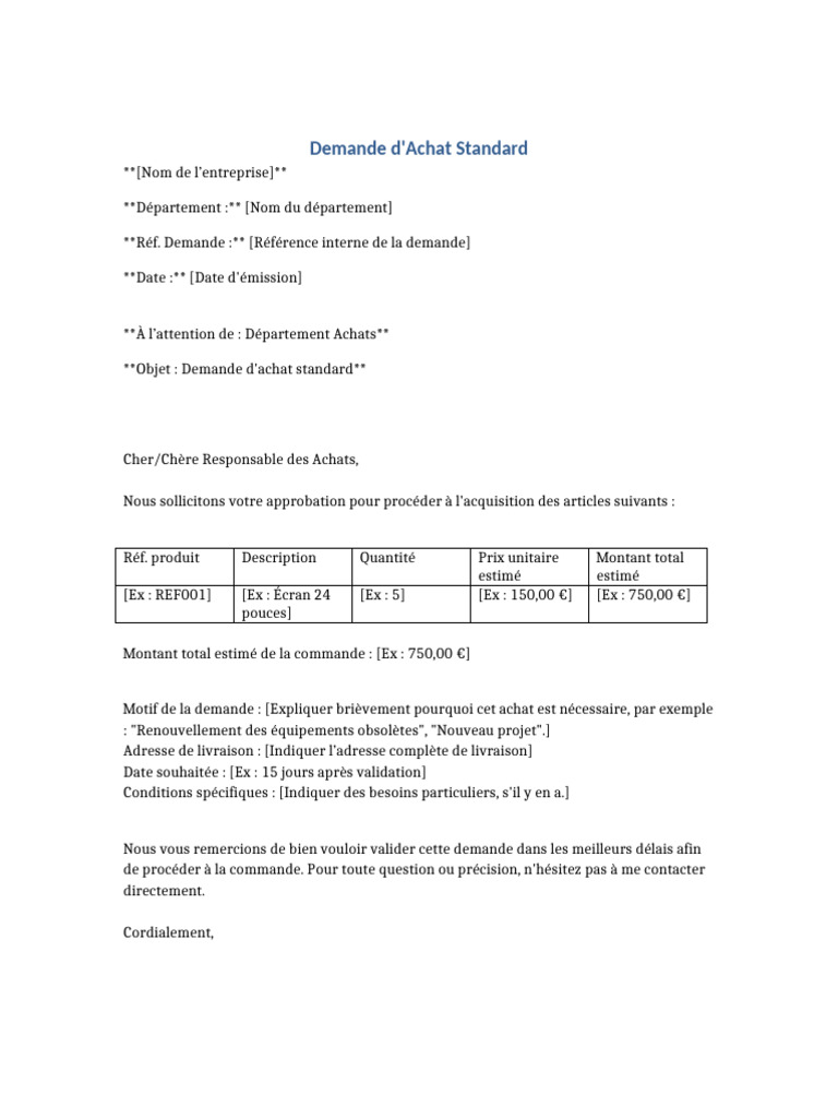 Demande d'Achat Standard Modèle | PDF