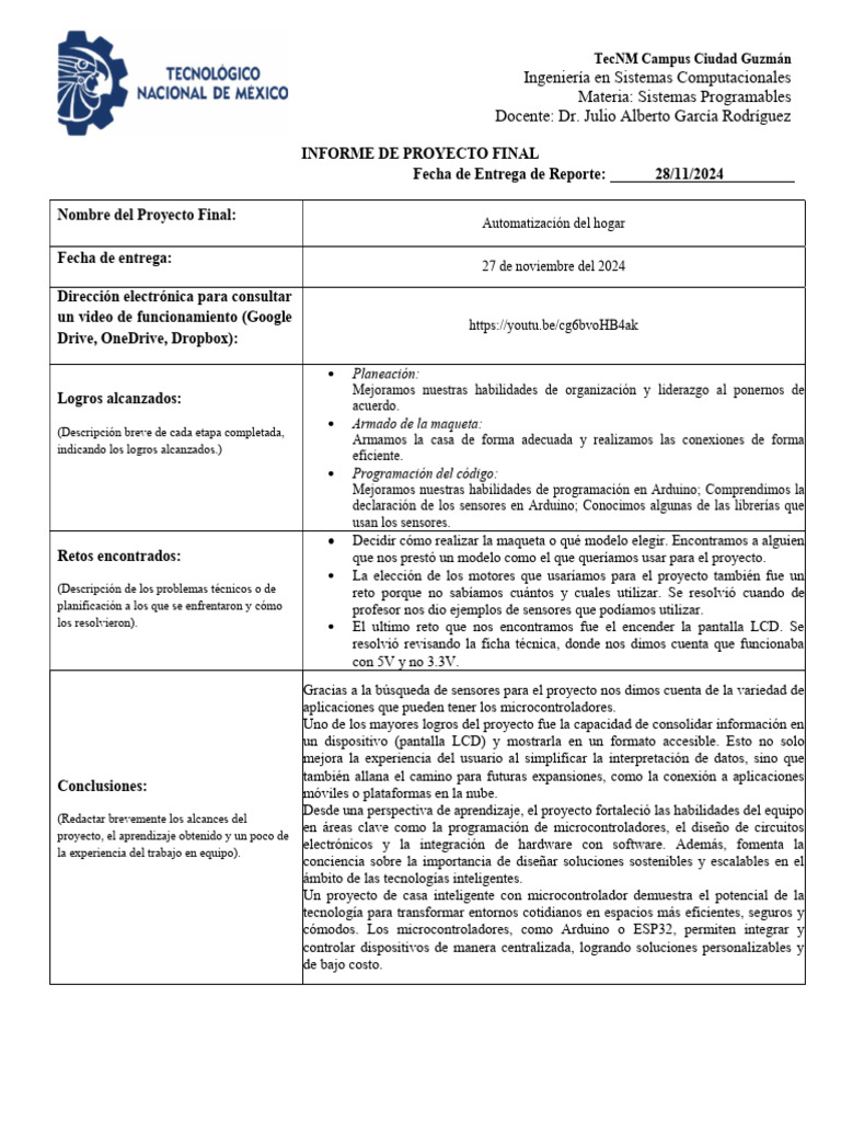 InformeProyectoFinal Equipo2 | PDF | Arduino | Microcontrolador