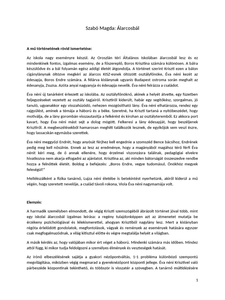 Szabó Magda Álarcosbál | PDF