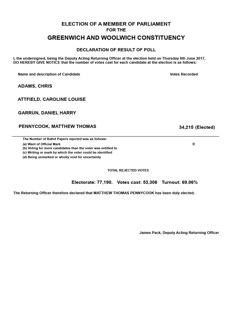 General Election 2017 Result Greenwich Woolwich | PDF