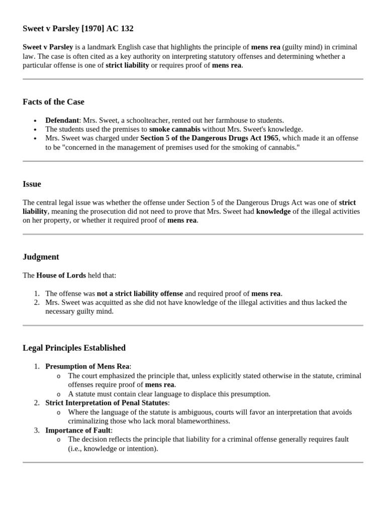 Mens Rea in Sweet v Parsley Case | PDF | Mens Rea | Strict Liability
