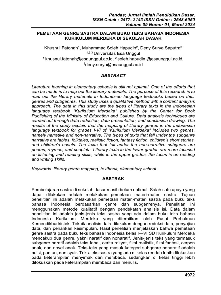 Pemetaan Genre Sastra SD | PDF