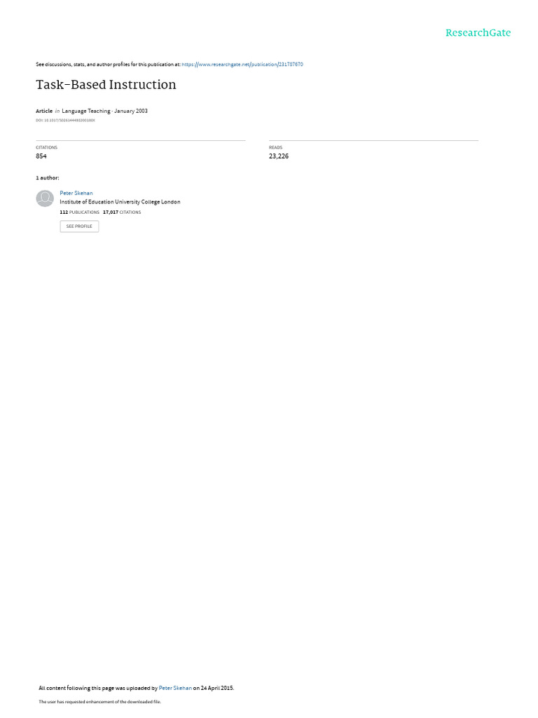 Task-Based_Instruction, Skehan P. | PDF | Learning | Cognitive Science